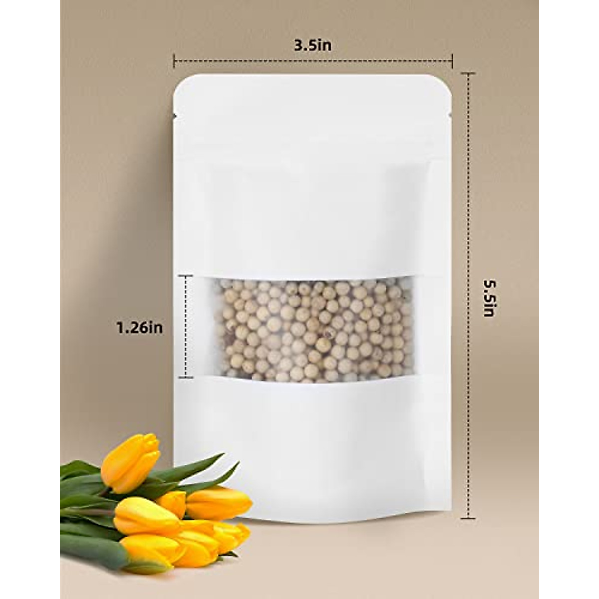 Larzack 100pcs Kraft Bags with Window 3.5x5.5 Inches White Reusable Sealable Zip Lock Food Storage Stand up Paper Pouches for Home or Business