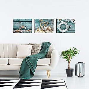 Biuteawal- 3 Piece Canvas Wall Art Starfish Shell on Teal Board Painting Prints Beach Nature Picture Canvas Artwork for Home Kitchen Bathroom Living Room Wall Decor Ready to Hang