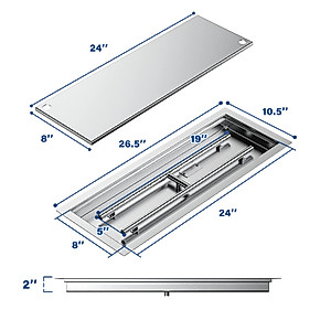 Skyflame 24 by 8 Inch Rectangular Stainless Steel Drop-in Fire Pit Pan and Burner with Burner Cove, Include Fire Pit Glass Wind Guard