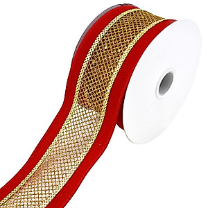 Homeford Mesh Velvet Wired Edge Christmas Ribbon, Red/Gold, 2-1/2-Inch, 10-Yard