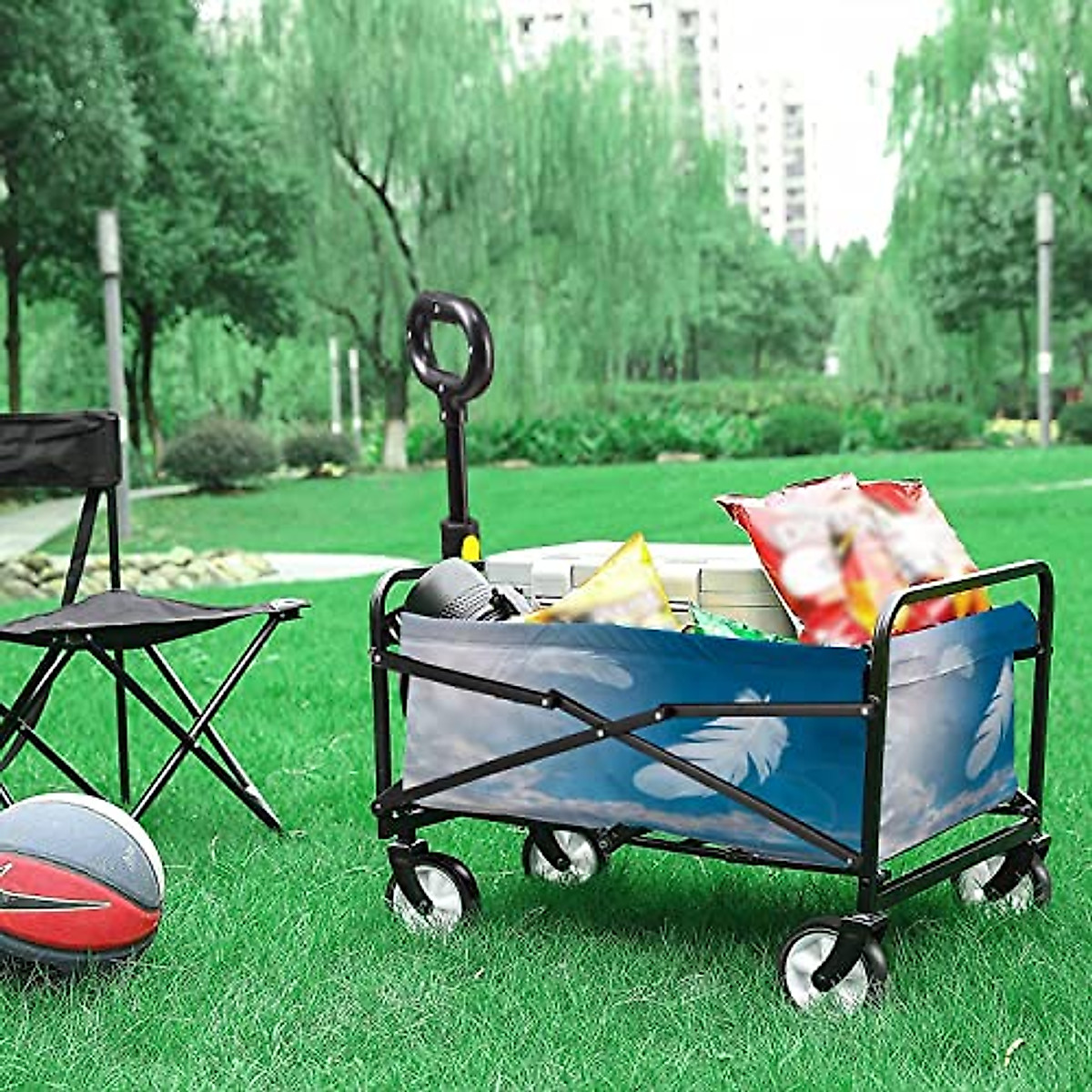 Collapsible Wagon Cart A White Feathers Bird Floating in The Sky Feather Abstract in Freedom Foldable Utility Wagon Large Capacity Garden Cart with Push Bar for Beach Camp Outdoor Shopping