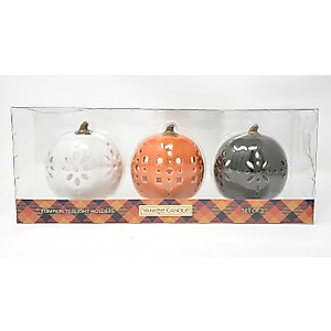 Yankee Candle Pumpkin Candle Holders - Set of 3 Pumpkin Tea Light Holders - Colored with Cutouts in Orange, White, and Green - for Fall, Autumn, Halloween, Thanksgiving