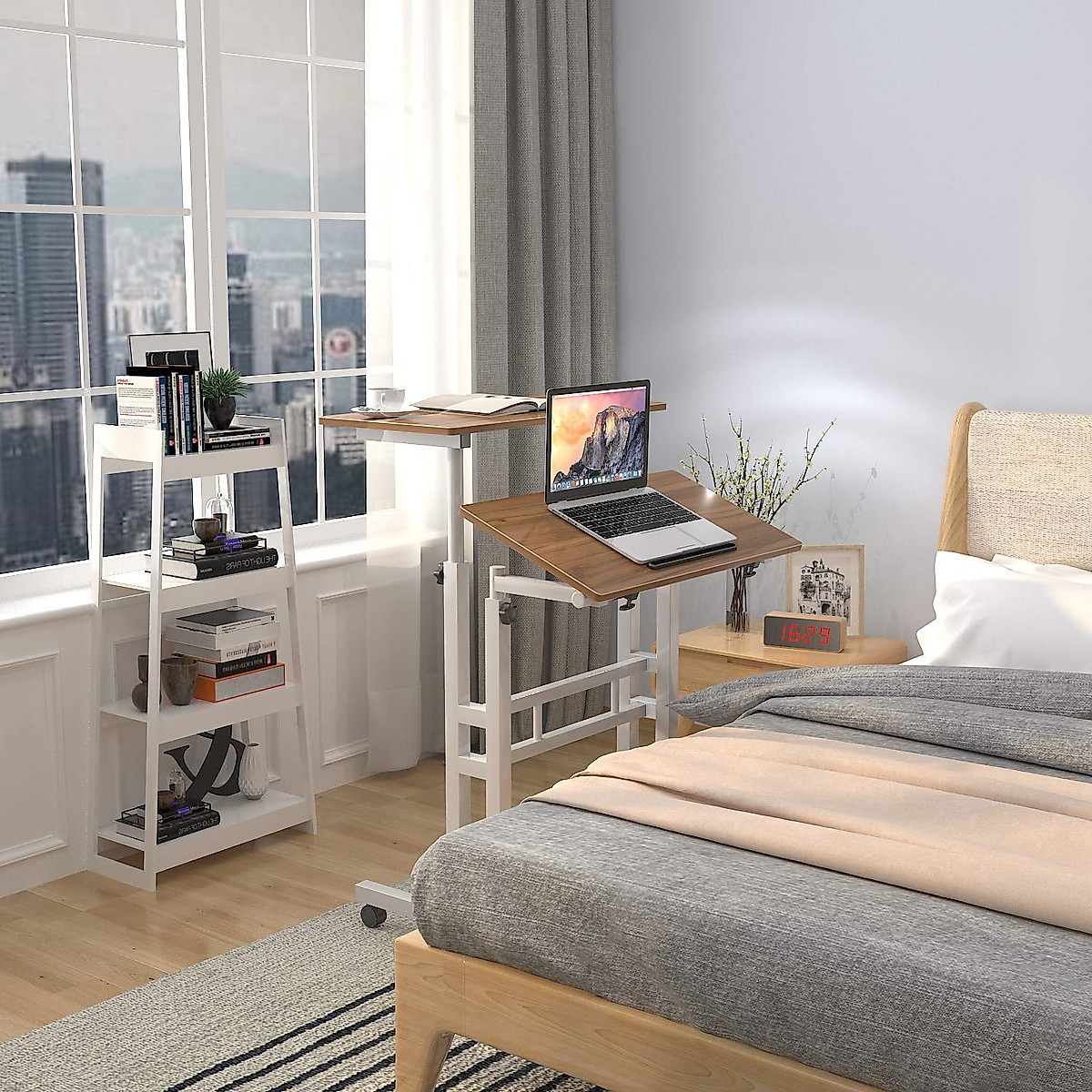 sogesfurniture Mobile Standing Desk Laptop Workstation on Wheels, Adjustable Computer Desk for Standing or Sitting, Oak 101-OK