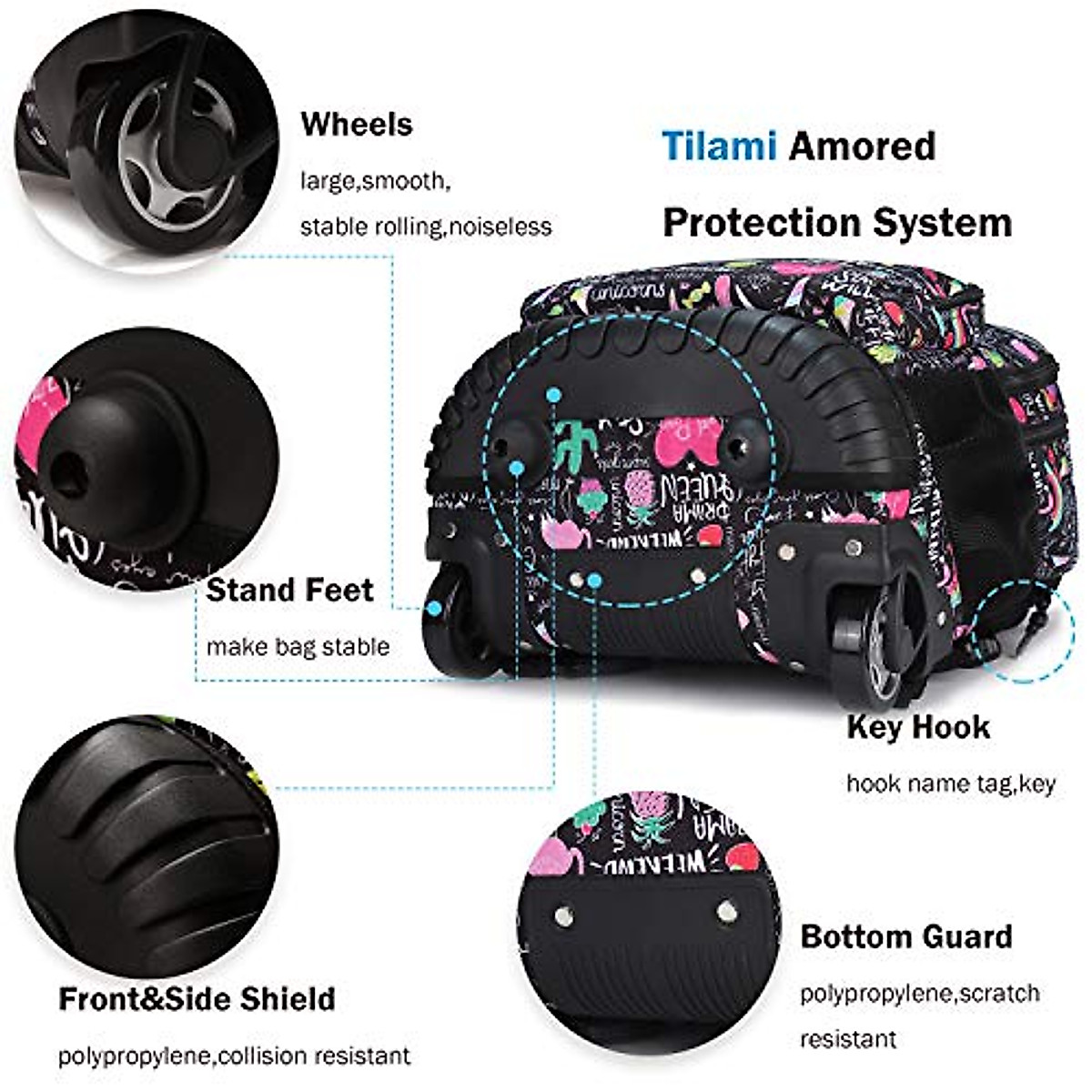 Tilami Rolling Backpack 19 inch with Lunch Bag Wheeled Laptop Backpack, Ins