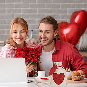 Whaline 20 Pack Valentine's Day Burlap Gift Bag Glitter Red Heart Drawstring Bag with Tag and Cotton Rope Rustic Linen Pouches Sacks for Valentines Party Favors Wedding Bridal Shower Supplies