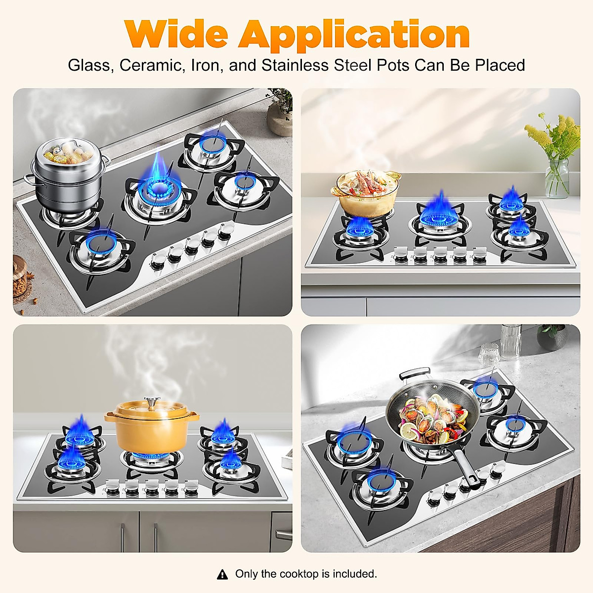 5 Burner Gas Stove Cooktop, 30 Inch Built-in Gas Hob for LPG/NG Dual Fuel Convertible, Flame-out Protection, Tempered Glass Surface, Easy to Clean - Ideal for Home Kitchen Restaurant