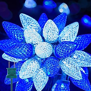 Brightown C9 LED Christmas String Lights, 33ft 50 LED Waterproof Strawberry String Lights, Extendable Green Wire Lights String for Outdoor Indoor Patio Party Decoration, Blue and White