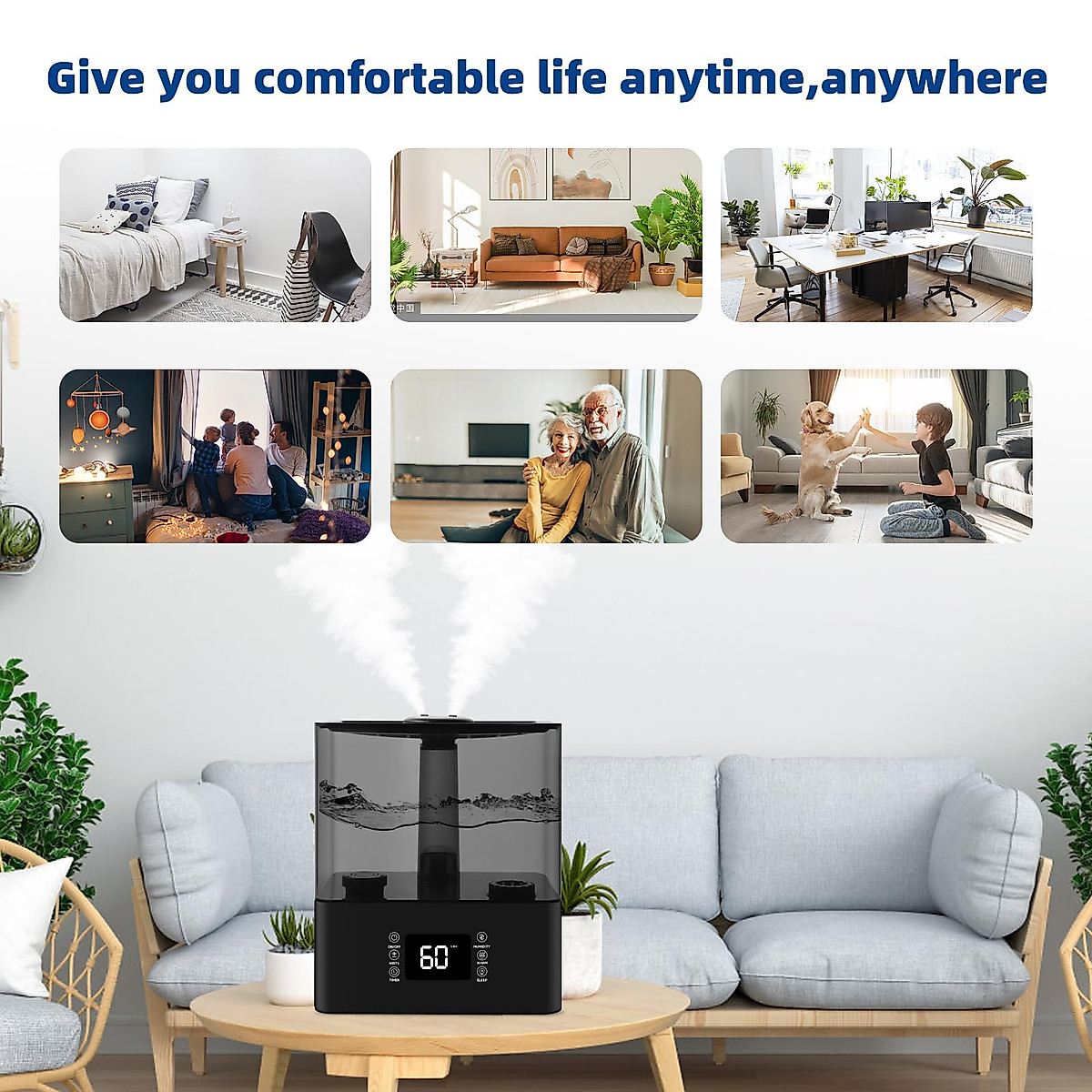 6L Humidifiers for Bedroom Large Room, Cool and Warm Mist Humidifiers for Nursery & Plants, Mist Top Fill Desk Humidifiers Essential Oil Diffuser with Adjustable Mist,360°Nozzle，Auto Shut-Off-Black