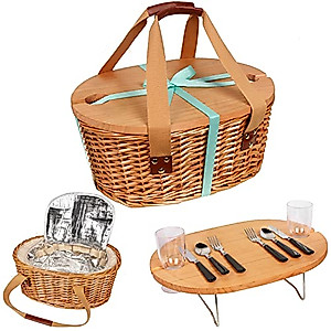 Hap Tim Wicker Picnic Basket Set for 2 with Mini Folding Wine Picnic Table & Large Insulated Cooler Bag & Cutlery Service Kits for 2 Person, Couples Gifts, Wedding Gifts (Y2209-2-CM)