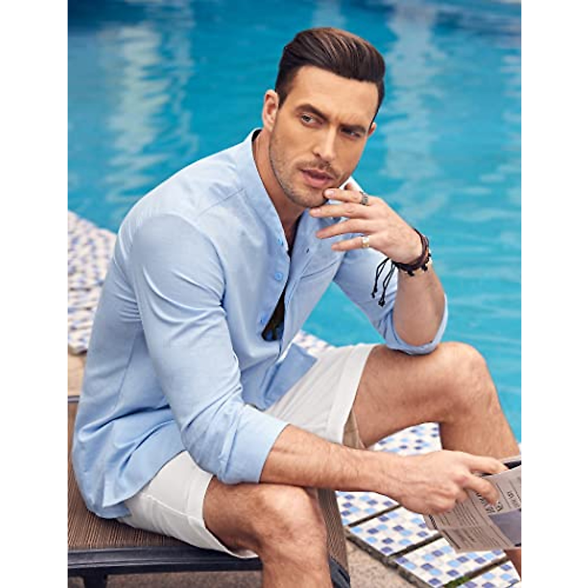 COOFANDY Men Beach Shirts Long Sleeve Linen Button Down Mandarin Collar Vacation Shirts Sky Blue