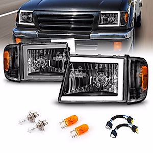 AmeriLite for 1998-2000 Toyota Tacoma 4WD Pickup LED Tube Black Reaplcement Headlights + Corner Light Set - Passenger and Driver Side