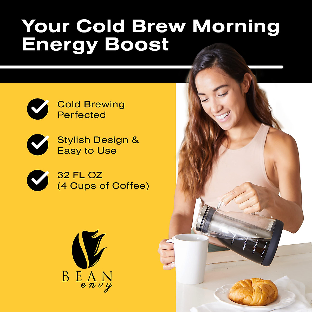 Bean Envy Cold Brew Coffee Maker - 32 oz Glass Iced Tea & Coffee Cold Brew Maker and Pitcher w/ Silicone Cap & Base