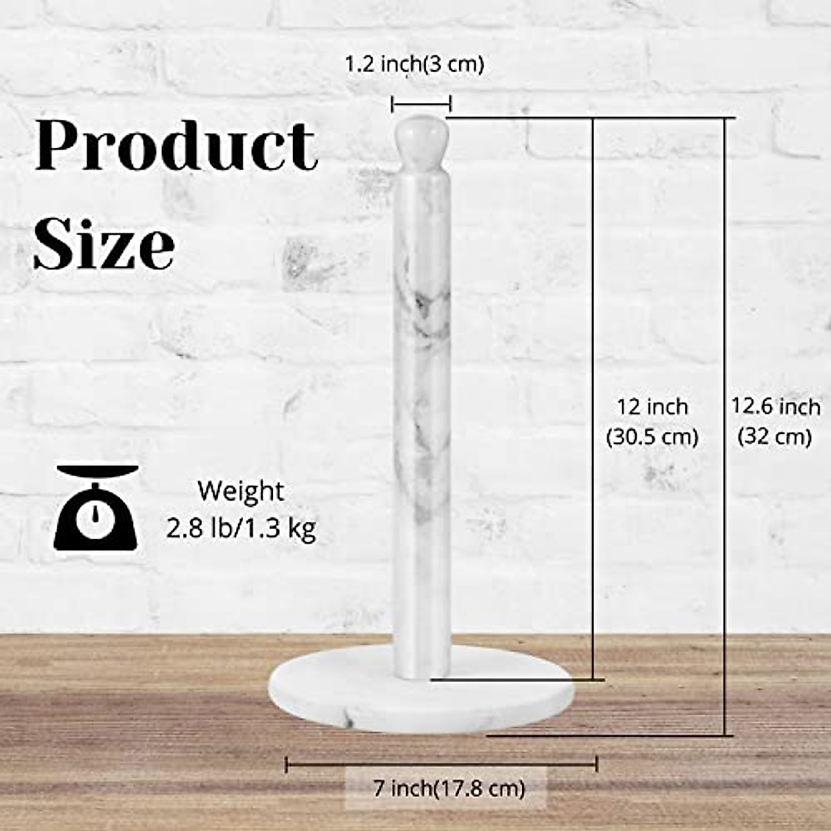 Flexzion Marble Paper Towel Holder - White 12-inch Paper Towel Holder Countertop - Paper Towel Stand with Weighted Marble Base for Standard and Jumbo Size Paper Rolls