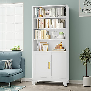 KAIFAM 75 Inch Tall Bookshelf with Doors, Metal Bookcase with Storage Cabinet and Adjustable Shelves, 6 Tier Floor Standing Display Storage Shelves for Living Room, Bedroom, Office, (White)