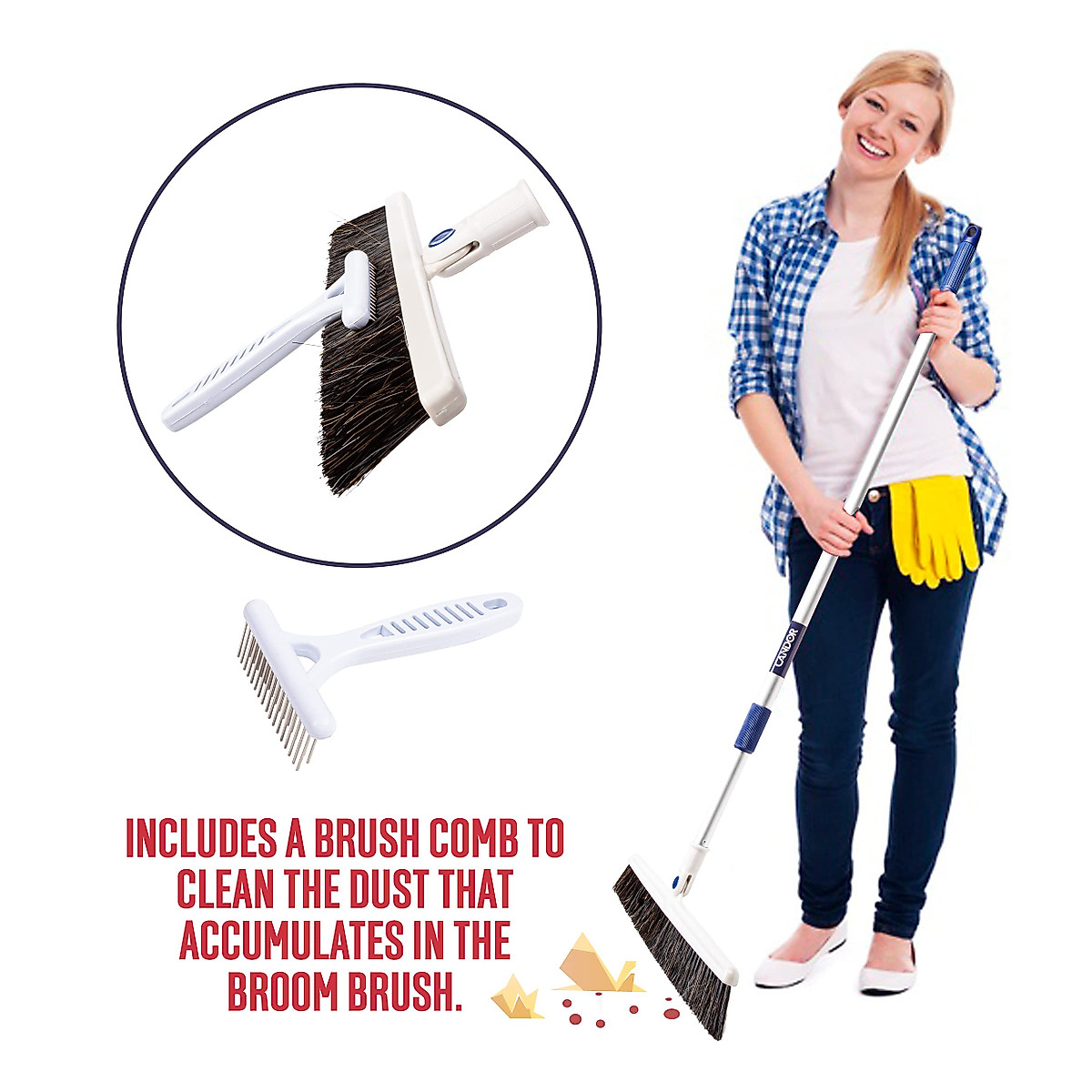 Candor Rotatable Push Broom | 63 Inch Long Lightweight Flexible Cleaning Brush Swiftly Glides Under Beds, Tables, Sofas, Ovens | Also Includes A Handy Brush to Clean The Broom | 18 Inch Head