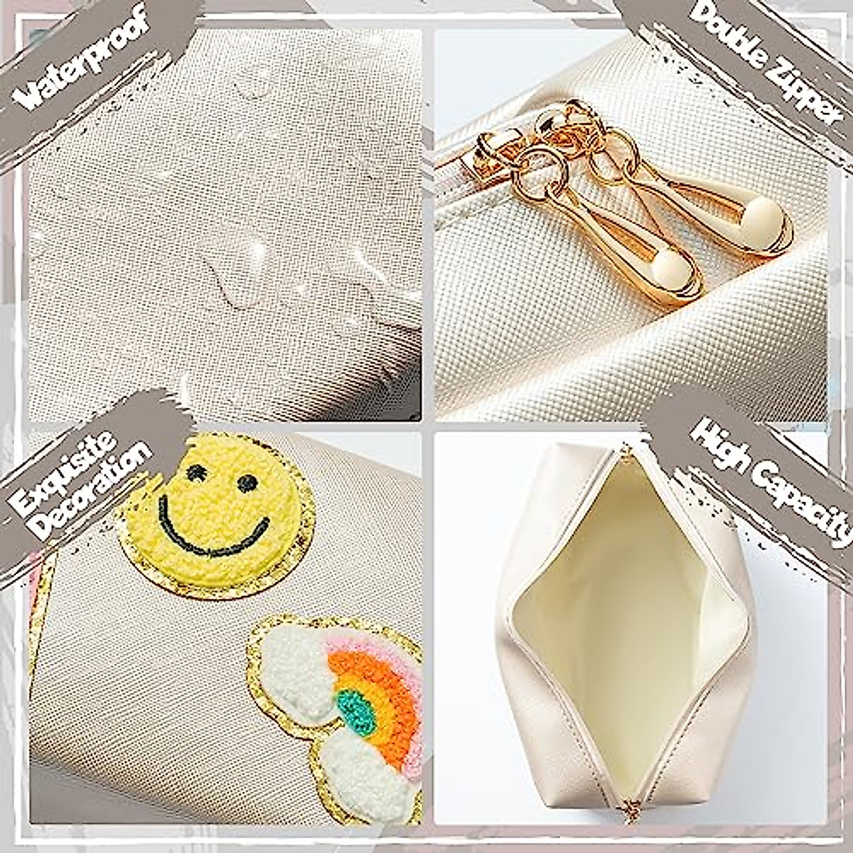 LieToi Preppy Patch Cosmetic Toiletry Bag, PU Leather Portable Waterproof Makeup Bag Smile Lightning Rainbow Organizer Compliant Bag Daily Travel Use Storage Purse for Women Girls (Large, Shell White)