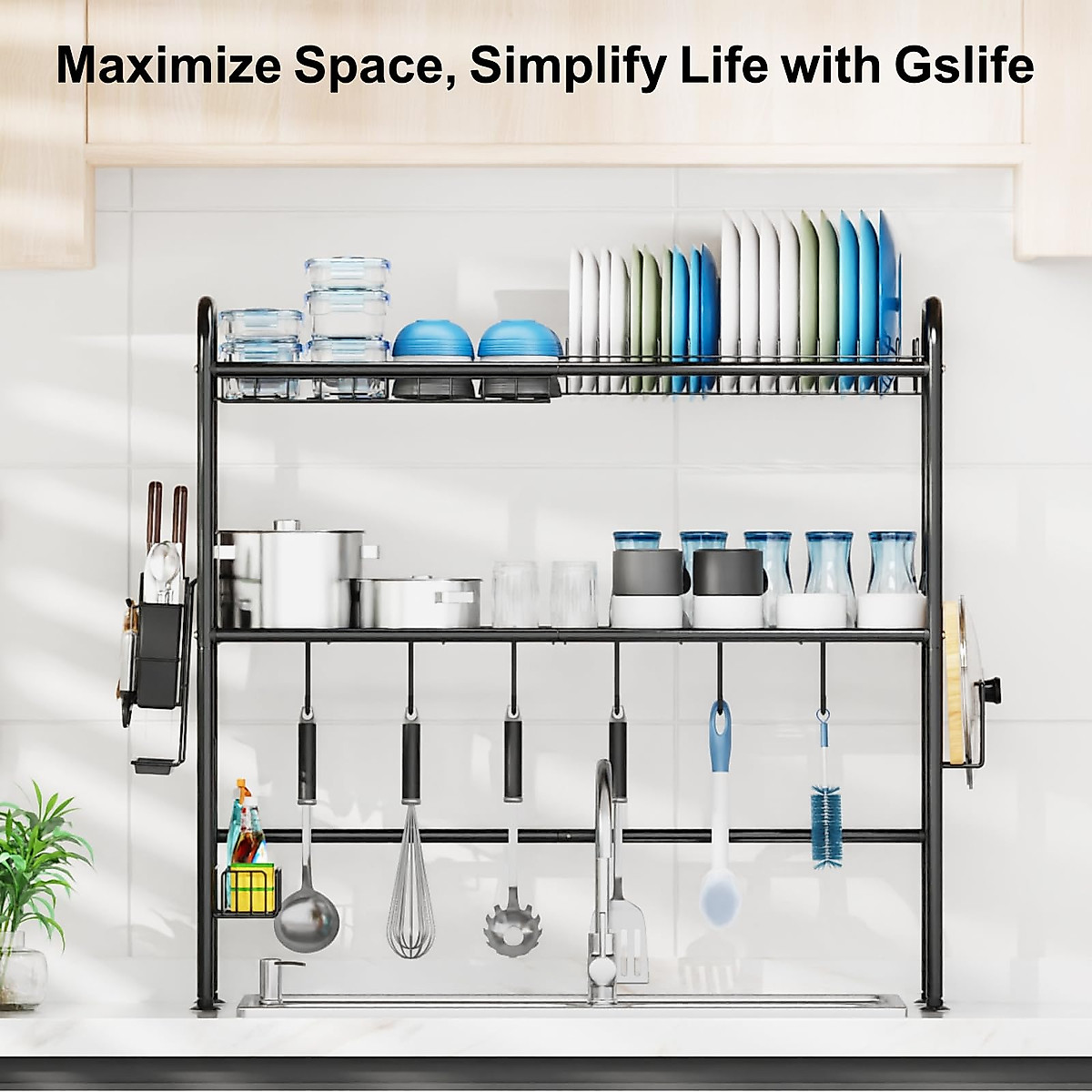 GSlife Over The Sink Dish Drying Rack Stable Stainless Steel Dish Drying Rack Kitchen Organizer Dish Drainer Shelf for Kitchen Counter, Silver