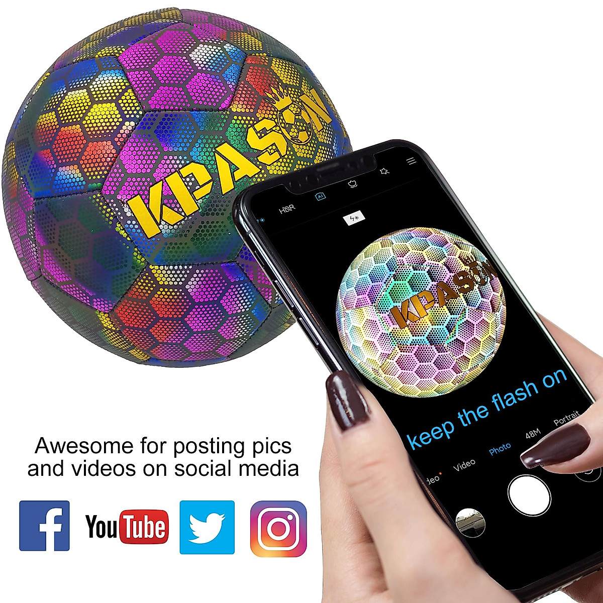 KPASON Soccer Ball, Holographic Soccer Ball Size 4, Reflective Glowing Soccer Ball Gift for Boys, Girls Indoor-Outdoor Soccer Training