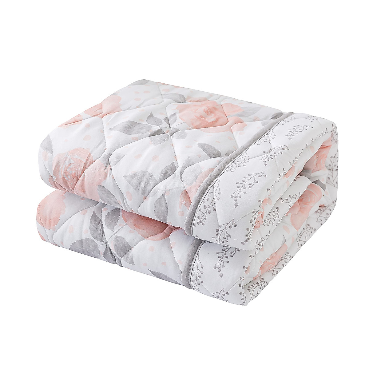 Soul & Lane 3-Piece Crib Bedding Set for Girls: Pink and Gray Quilt Blanket, Floral Fitted Crib Sheet, Changing Pad Cover, Floral Blush Pink and Grey Baby Girl Crib Bedding Set