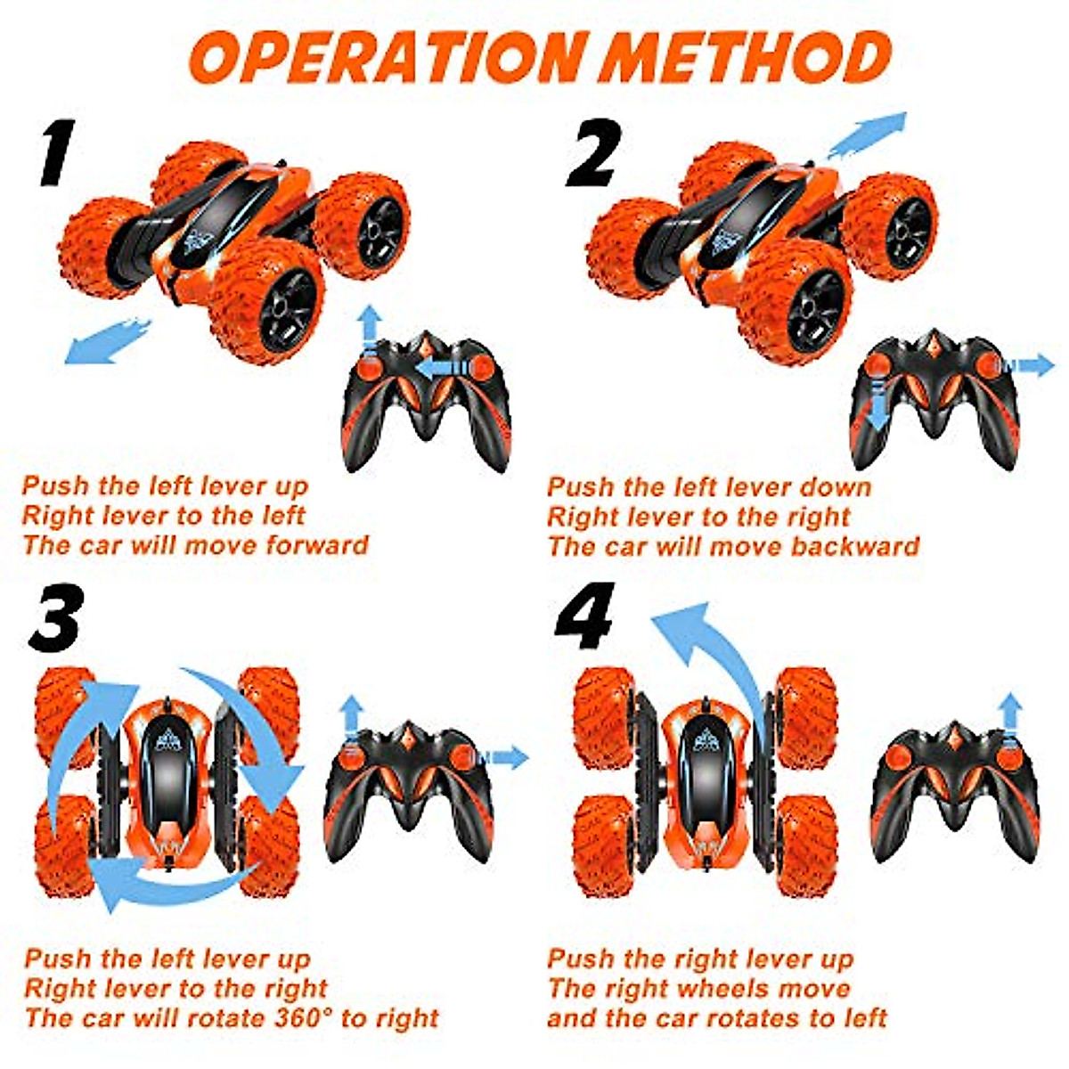 Remote Control Car, 2.4GHz Electric Race Stunt Car, Double Sided 360° Rolling Rotating Rotation, LED Headlights RC 4WD High Speed Off Road Gift for 3 4 5 6 7 8-12 Year Old Boy Toys (Orange)