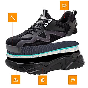 Ruivina Steel Toe Shoes for Women Men Wide fit Work Safety Shoe Lightweight Slip Resistant Comfortable Composite Indestructible Sneakers Black 36