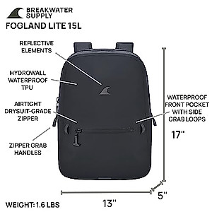 Breakwater Supply™ Fogland Lite Small Waterproof Submersible Backpack with Laptop Sleeve & Airtight Zippers for Outdoors, Surfing, Kayaking, Hiking, Cycling, Unisex TPU Dry Bag (Stealth Black, 15L)