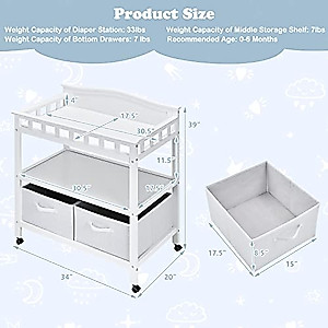 INFANS Baby Changing Table, Wood Diaper Dresser Station with Pad 2 Storage Drawers Baskets Shelves 4 Lockable Wheels and Safety Belt, Nursery Organizer Stand for Newborn Infant