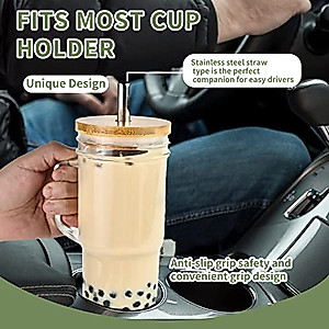 Glass Cups with Bamboo Lids and Straws,24oz Tumbler With Handle,2 Pack Mason Jar with Lid and Straw-Wide Mouth Reusable Drinking Glasses,Boba Cup Smoothie Tumbler Iced Coffee Cup Travel Mug