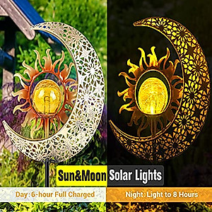 Klmnduo Garden Solar Lights Pathway Outdoor Decorative, Sun & Moon Cracked Glass Globe Metal Lights Solar Powered Waterproof Decorative Stakes for Lawn,Patio or Courtyard