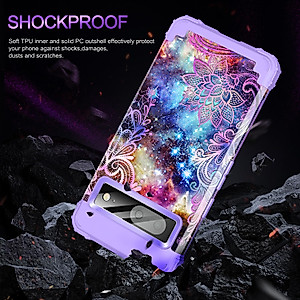Uamark for Google Pixel 7 Case,Three Layer Heavy Duty Shockproof Full Body Protective with 2 Tempered Glass Screen Protector+2 Camera Lens Protector Case for Google Pixel 7 5G(2022),Purple Mandala