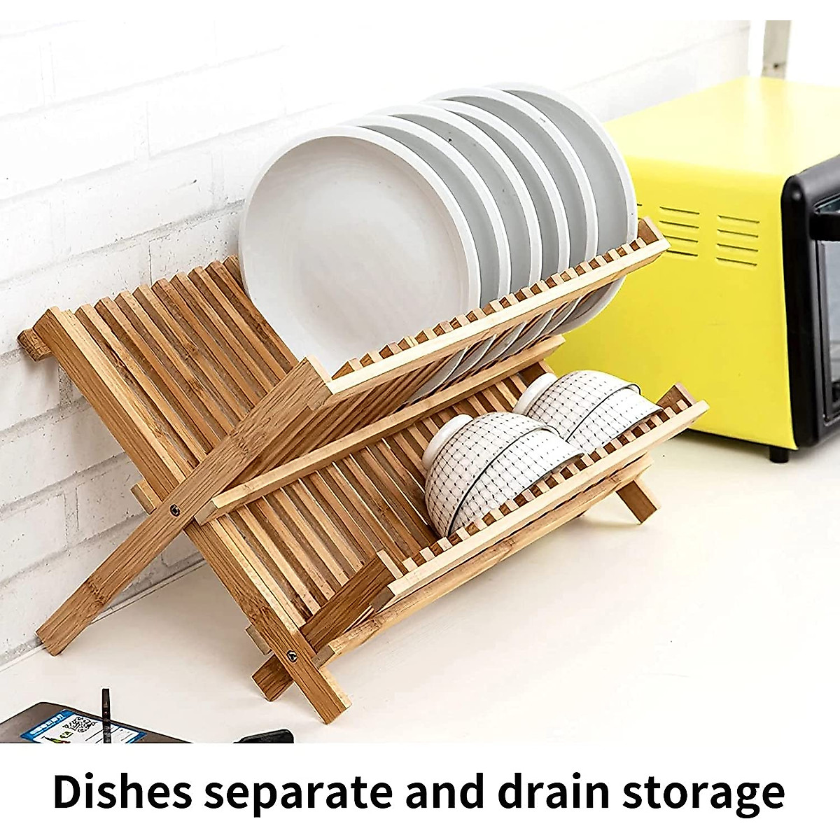 Senich Foldable Bamboo Dish Drying Rack with Utensil Holder, 2-Tier Bamboo Cutlery Plate Rack for Countertop, Wooden Plate Rack, 100% Natural Bamboo, Suitable for Kitchen Counter