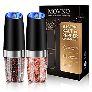2Pcs Gravity Electric Salt and Pepper Grinder Set, Battery Powered LED Light One Hand Automatic Operation, Adjustable Coarseness Mill Grinders Shakers Black, Kitchen Gadgets Gift Ideas