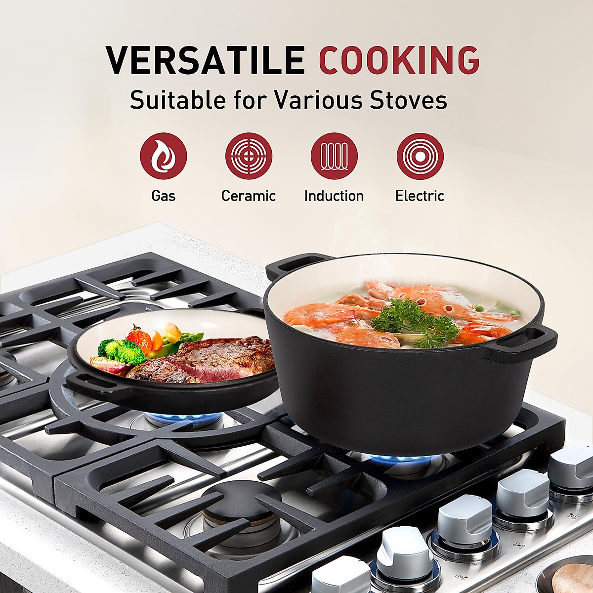 DishDelight 2-in-1 Pre-Seasoned Enameled Cast Iron Dutch Oven Pot with Lid and Dual Handles, Cast Iron Skillet Cookware Pan Set with Skillet Lid Cooking Pan, Dutch Oven for Bread Baking, 5QT, Black