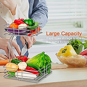 Auledio 2-Tier Square Countertop Fruit Vegetables Basket Bowl Storage With Banana Hanger,Sliver