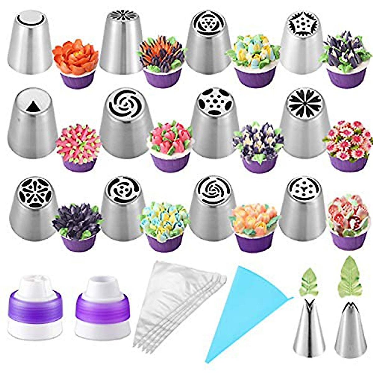 Suuker 27 Pcs Russian Piping Tips Set, Cake Decorating Tips Baking Supplies for Cupcake Cookies Birthday Party (12 Icing Tips 10 Pastry Baking Bags 2 Leaf Piping Tips 2 Couplers 1 Silicone Bag)