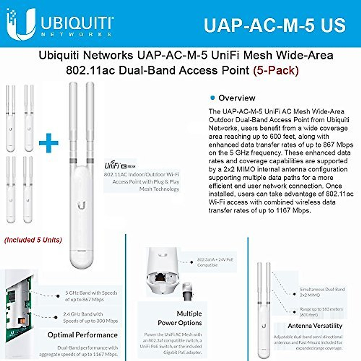 Ubiquiti Networks UAP-AC-M-5 UniFi Mesh Wide-Area 802.11ac Dual-Band Access Point (5-Pack).