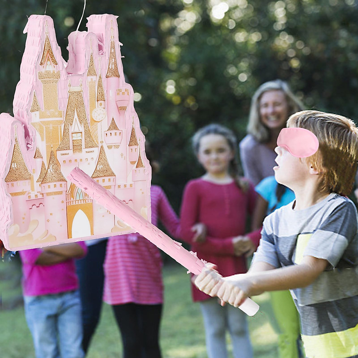 Princess Castle Pinata - Pink Castle Pinata with Blindfold and Bat for Girls Kids Princess Theme Birthday Party Game Decorations (16.7”x11.8”x3”)
