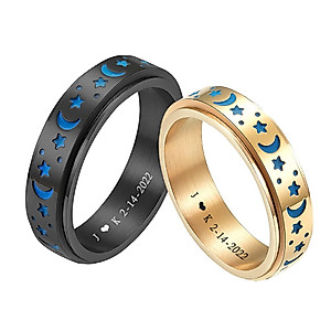 ZKXXJ Personalized Sun and Moon Stars Couple Rings Set for Him Her,Custom Matching Promise Rings for Couples Stainless Steel Dark Luminous Fidget Ring Anxiety Ring Engagement Wedding Band