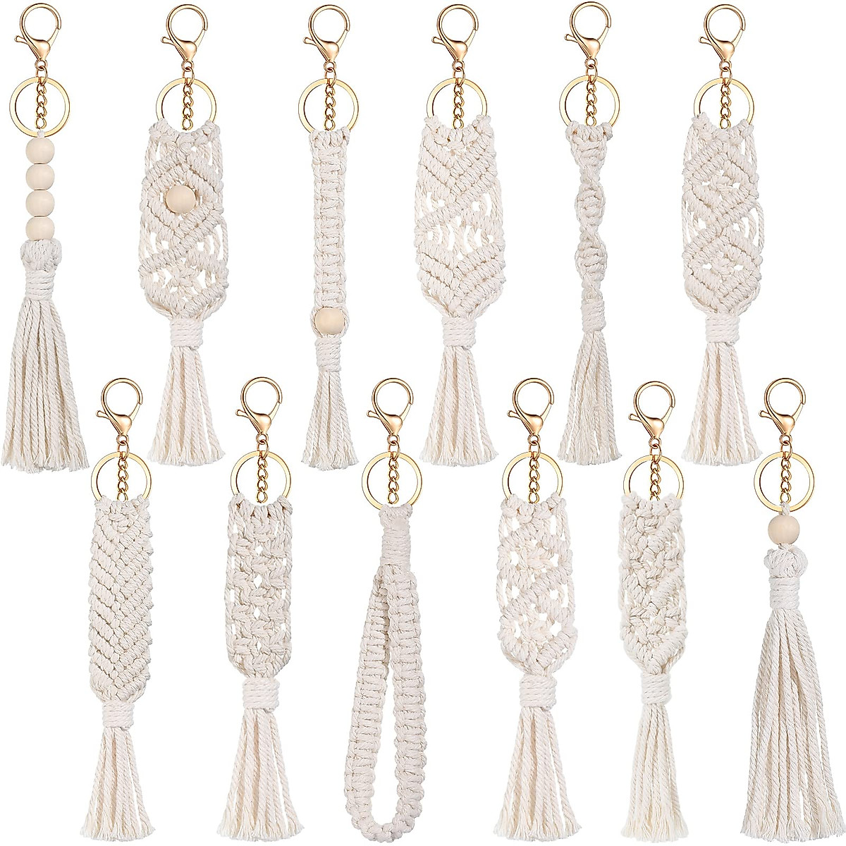 Junkin Macrame Boho Keychains Bulk Handcrafted Aesthetic Key Chain with Tassel for Women Car Key Purse Wallet Beige (12 Pieces)