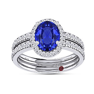 GEMVIO Collection 8X6MM Oval Cut Lab Created Blue Sapphire Gemstone & Natural Diamond Halo Bridal Set Engagement Ring In 14K White Gold Over Sterling Silver Anniversary Wedding Ring (1.40 Cttw)-9