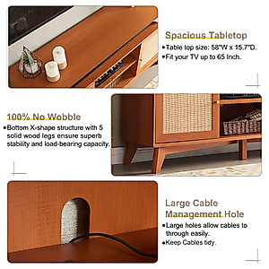 OKD TV Stand for 65+ Inch TV, 32'' Tall Highboy Entertainment Center, Mid Century Modern Media TV Console with Natural Rattan Door, Adjustable Shelves, Boho Television Stand, Cherry