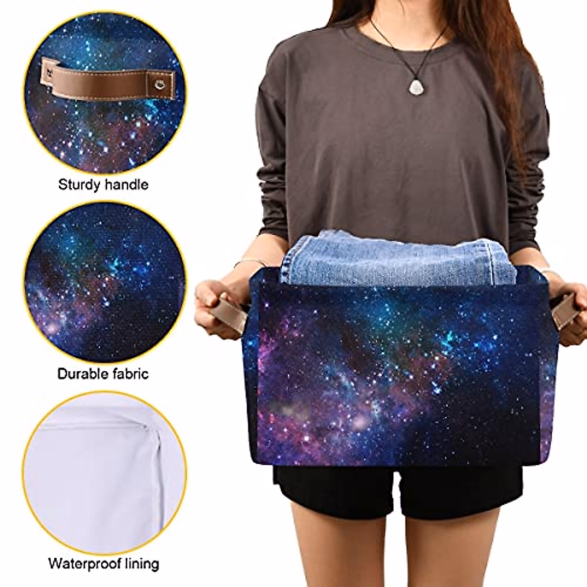 AUUXVA Galaxy Nebula Stars Storage Bins Basket, Universe Outer Space Collapsible Storage Cube Rectangle Storage Box with Handles for Shelf Closet Nursery Bedroom Home Office 2 Pack