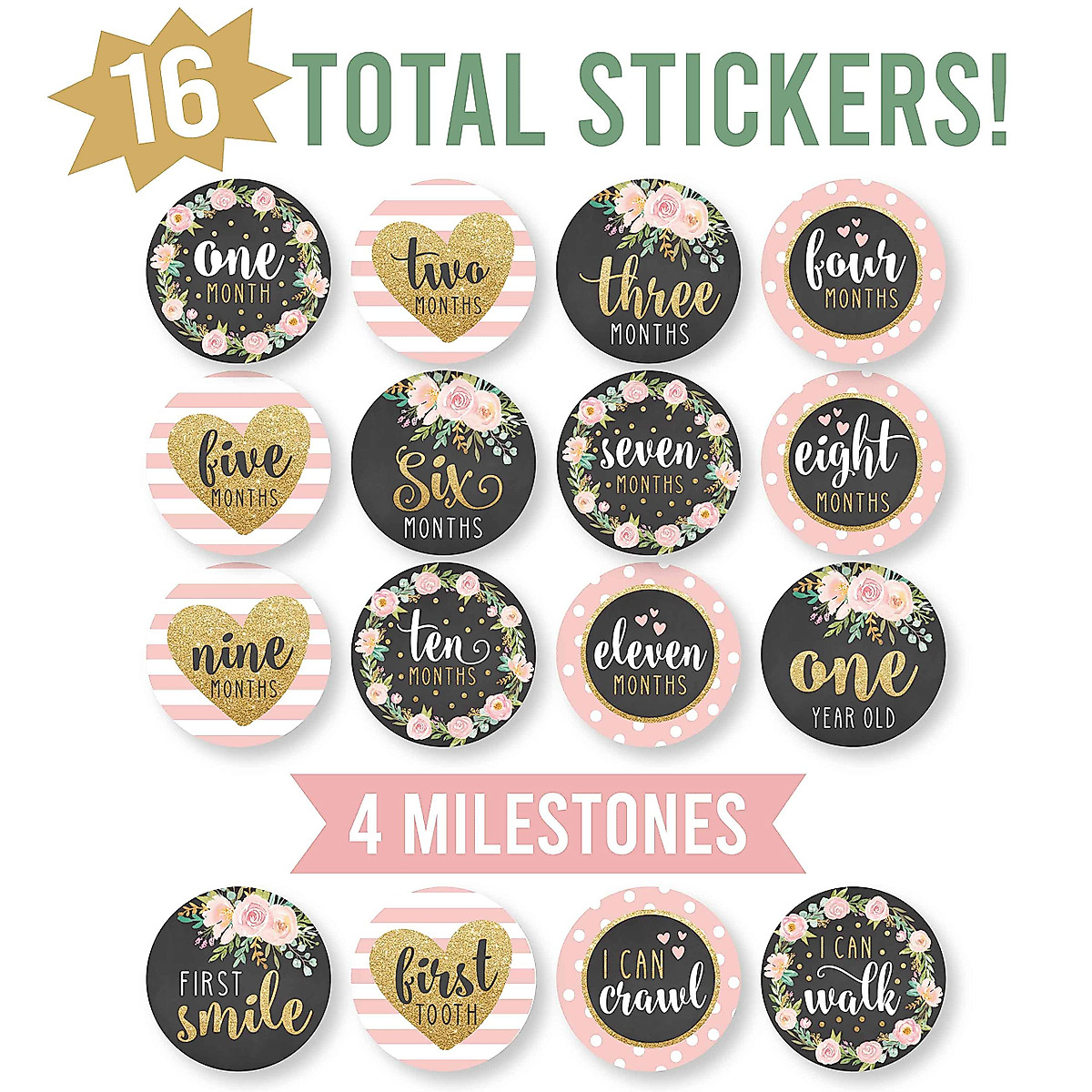 16 Monthly Baby Milestone Stickers Girl - Floral Baby Monthly Milestone Stickers For Baby Girl, Milestone Baby Monthly Stickers, Baby Month Stickers For Baby Photo Props, Monthly Baby Stickers Girl