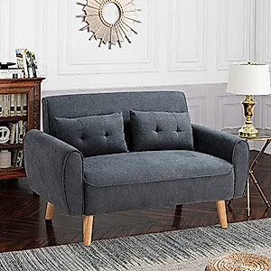 Shintenchi 47" Small Modern Loveseat Couch Sofa, Fabric Upholstered 2-Seat Sofa, Love Seat Furniture with 2 Pillows, Wood Leg for Small Space, Living Room, Bedroom, Apartment, Dark Grey