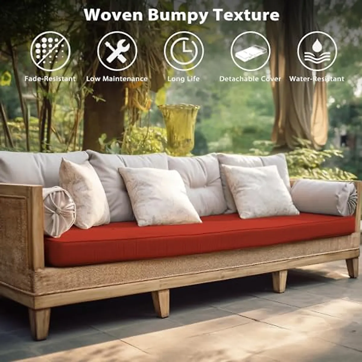 Sundale Outdoor Waterproof Olefin Bench Cushion, 59 x 18 x 4 Inch Outdoor/Indoor Durable Thicken Pad with Adjustable Straps, Patio Garden Sofa Settee Couch Loveseat Cushion (Red)