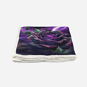 AILONEN 3D Cat Sherpa Fleece Throw Blanket, Oil Purple Rose with Black Cat Sherpa Blanket for Kids Boys Girls,Boho Starry Night Sherpa Throw Blanket All Season, 70 x 55 Inches