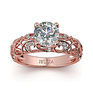 Jeulia 2 Carat Leaf Vines Rings for Women 925 Sterling Silver Rose Gold Plated Engagement Rings Round Cut Diamond Wedding Band Rings Solitaire CZ Promise Anniversary Rings Romantic Gift (Rose Gold, 9)