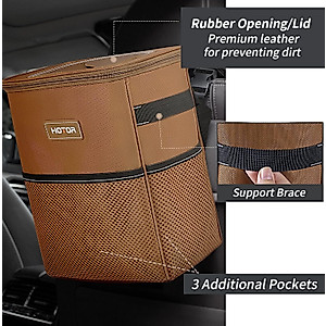 HOTOR Brown Car Trash Can with Adjustable Strap, Magnetic Snaps, Waterproof Lining, and Storage Pocket
