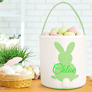 Amidaky Personalized Easter Bunny Basket for Kids Easter Canvas Basket with Handle Egg Bunny Bucket Green