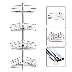 Gdrasuya10 4-Tier Bathroom Shower Shelf Rack storage basket with hook Constant Tension Corner Shower Caddy Shower Tension Pole Caddy 4-Shelf Rustproof Shower Tension Pole Caddy